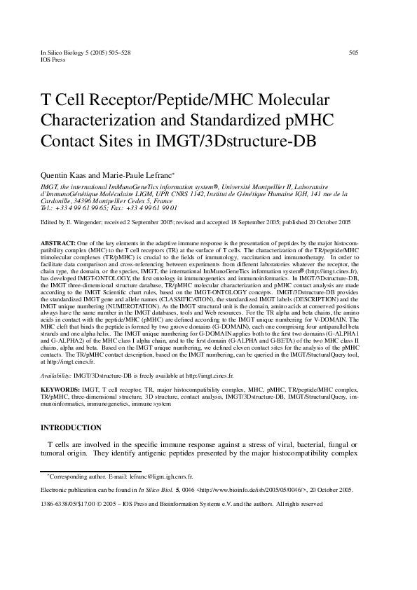 (PDF) T cell receptor/peptide/MHC molecular characterization and ...