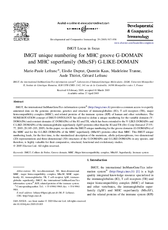 (PDF) IMGT unique numbering for MHC groove G-DOMAIN and MHC superfamily ...