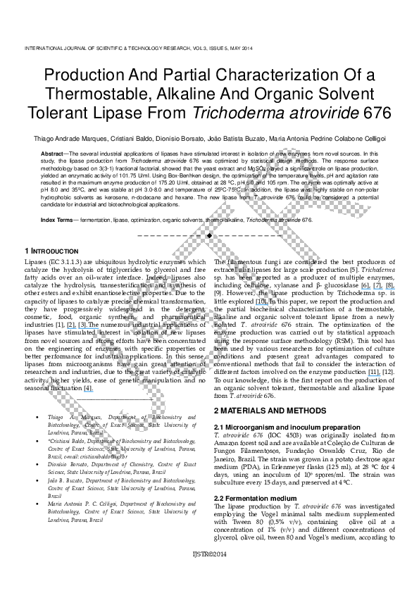 (PDF) Production And Partial Characterization Of a Thermostable, Alkaline And Organic Solvent ...