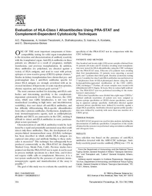 (PDF) Evaluation of HLA-Class I Alloantibodies Using PRA-STAT and ...