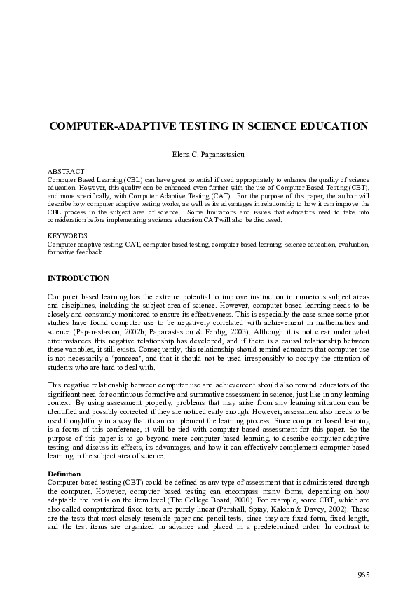 Pdf Computer Adaptive Testing In Science Education