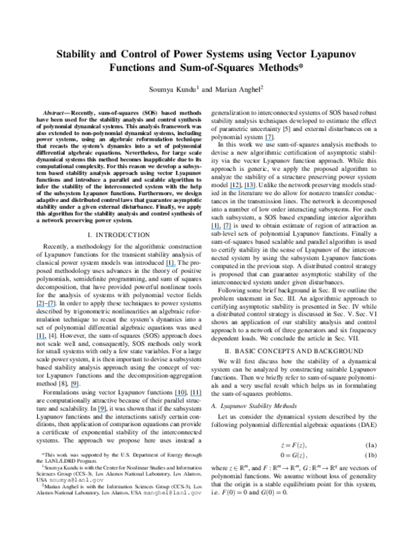 (PDF) Stability and Control of Power Systems using Vector Lyapunov Functions and Sum-of-Squares ...