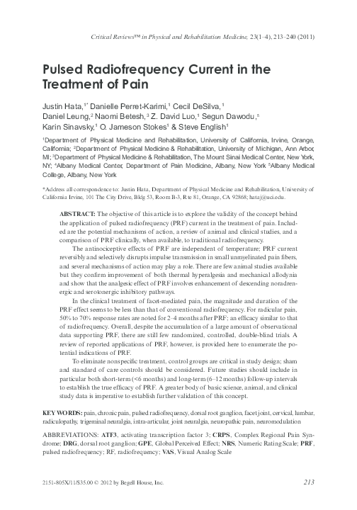 (PDF) Pulsed Radiofrequency Current in the Treatment of Pain