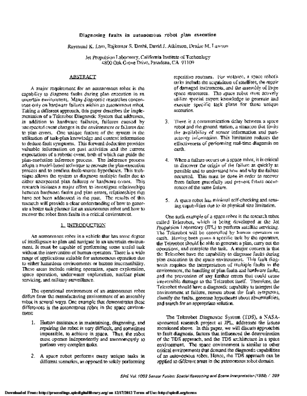 (PDF) Diagnosing faults in autonomous robot plan execution