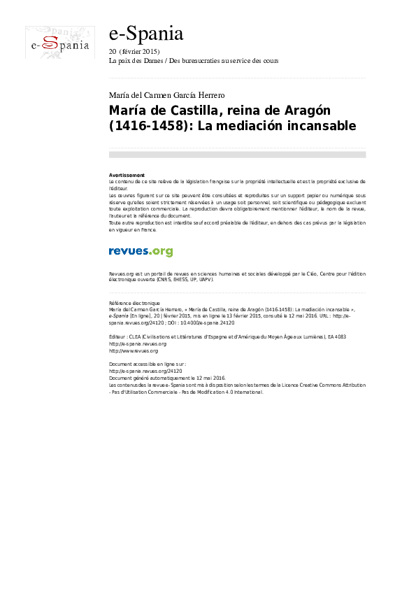 (PDF) María de Castilla, reina de Aragón (1416-1458): la mediación ...