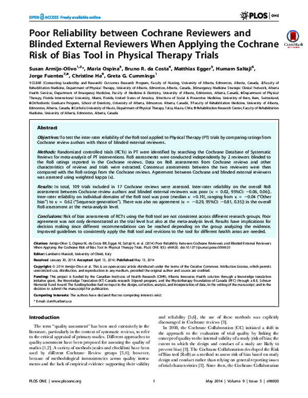 (PDF) Poor Reliability between Cochrane Reviewers and Blinded External ...