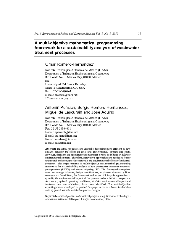 Pdf A Multi Objective Mathematical Programming Framework For A