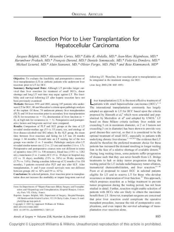 (PDF) Resection Prior to Liver Transplantation for Hepatocellular Carcinoma