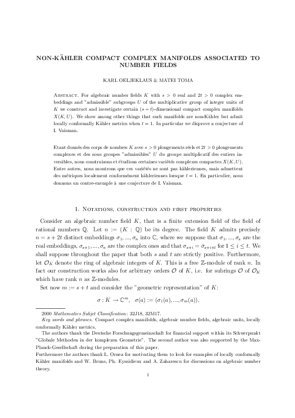 (PDF) Non-Kähler compact complex manifolds associated to number fields