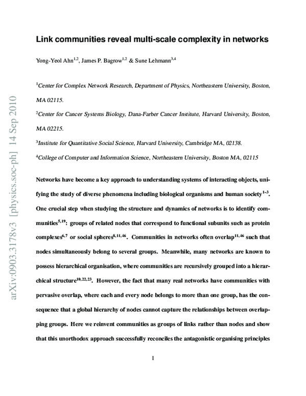 (PDF) Link communities reveal multiscale complexity in networks