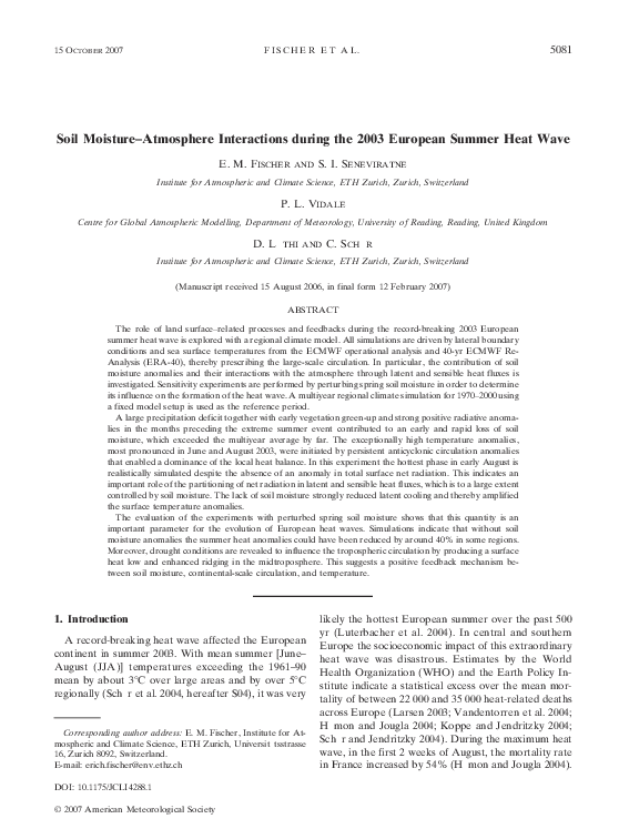 (PDF) Soil Moisture–Atmosphere Interactions during the 2003 European Summer Heat Wave