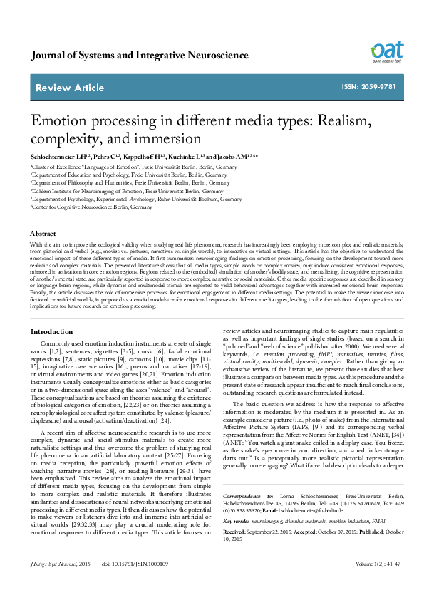 (PDF) Emotion processing in different media types: Realism, complexity, and immersion