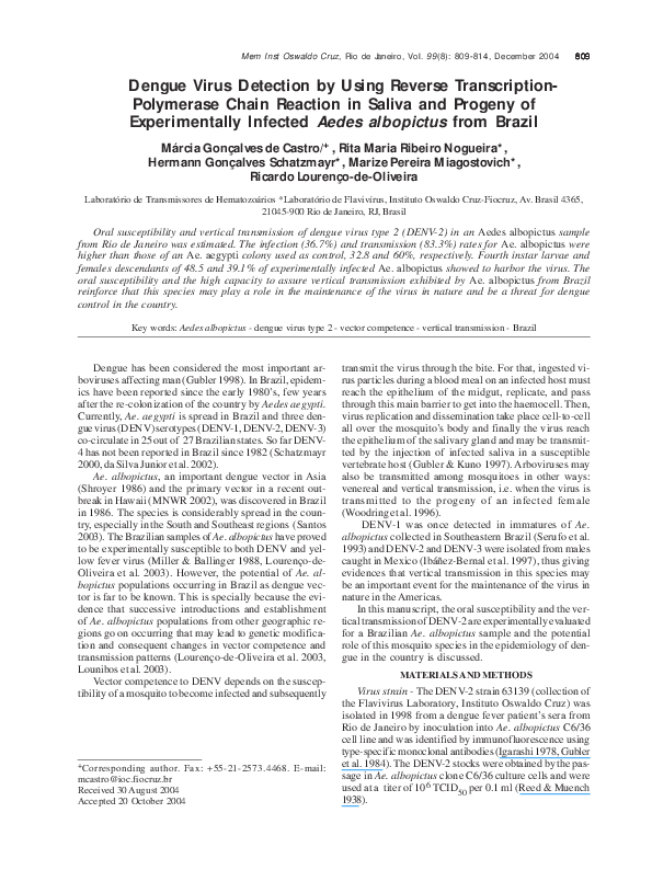 Pdf Dengue Virus Detection By Using Reverse Transcription Polymerase