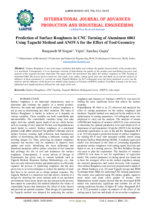 Pdf Prediction Of Surface Roughness In Cnc Turning Of Aluminum 6061