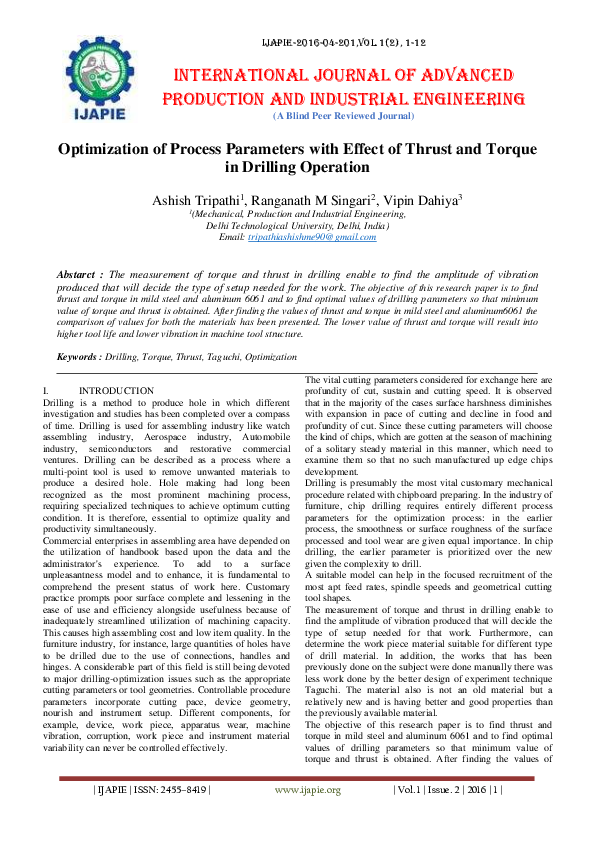 (PDF) Optimization of Process Parameters with Effect of Thrust and Torque in Drilling Operation