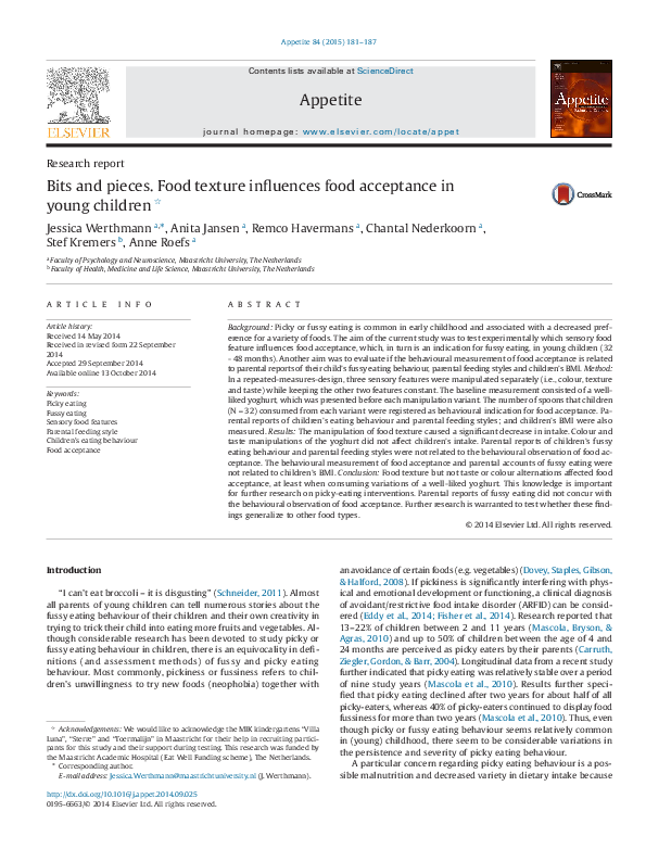 (PDF) Bits and pieces. Food texture influences food acceptance in young ...