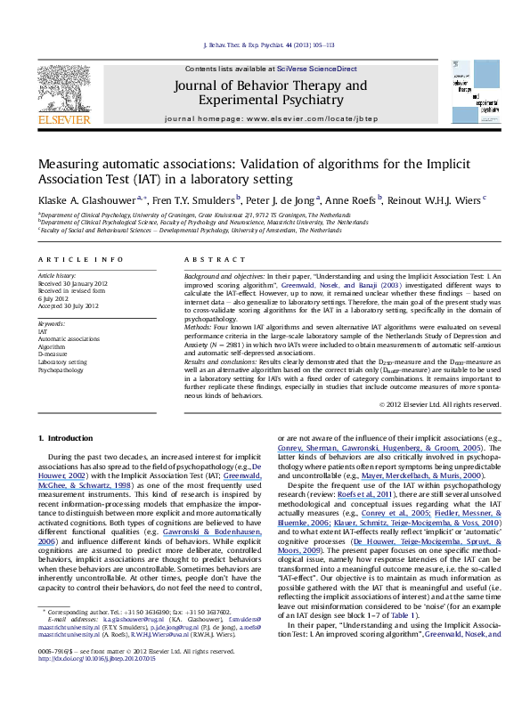 (PDF) Measuring automatic associations: Validation of algorithms for ...