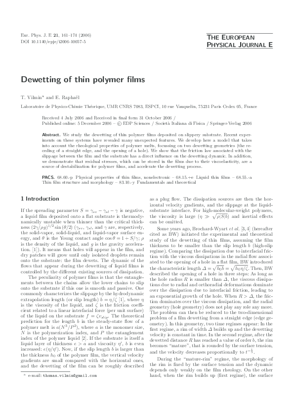 (PDF) Dewetting of thin polymer films