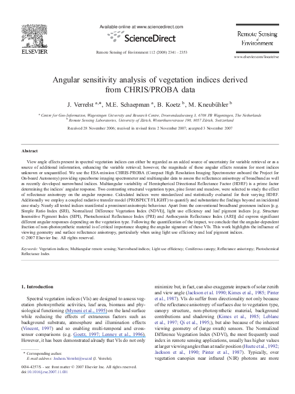 (PDF) Angular sensitivity analysis of vegetation indices derived from CHRIS/PROBA data