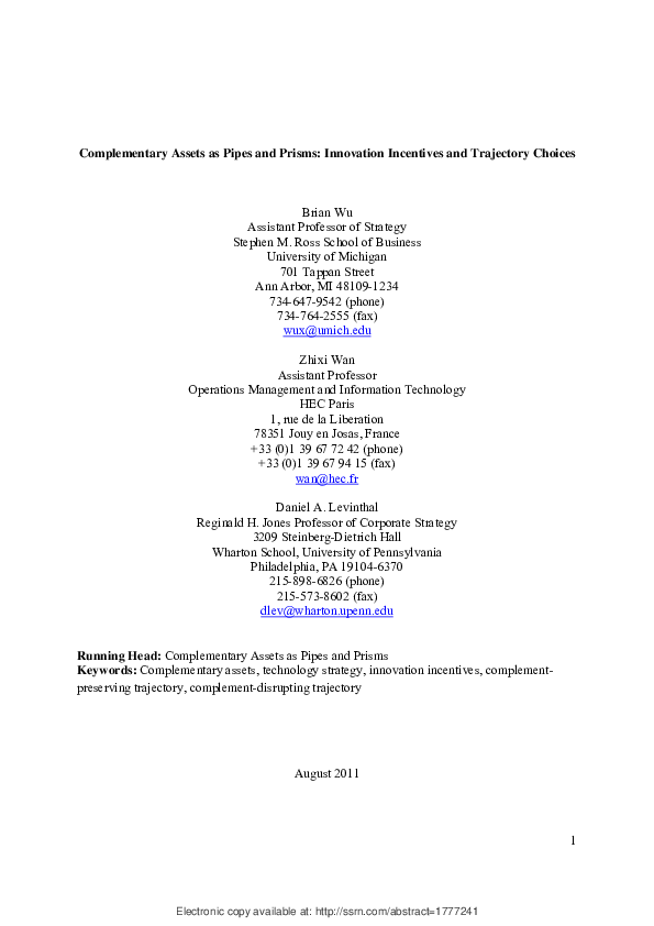 (PDF) Complementary assets as pipes and prisms: Innovation incentives ...