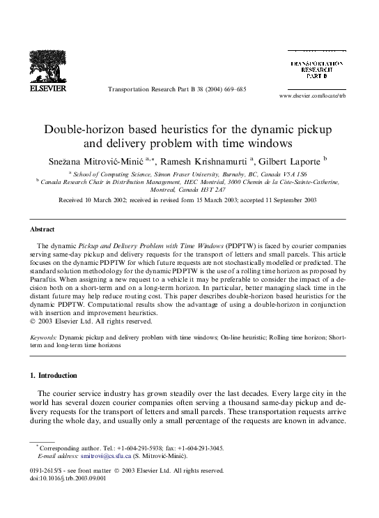 (PDF) Double-horizon based heuristics for the dynamic pickup and delivery problem with time windows