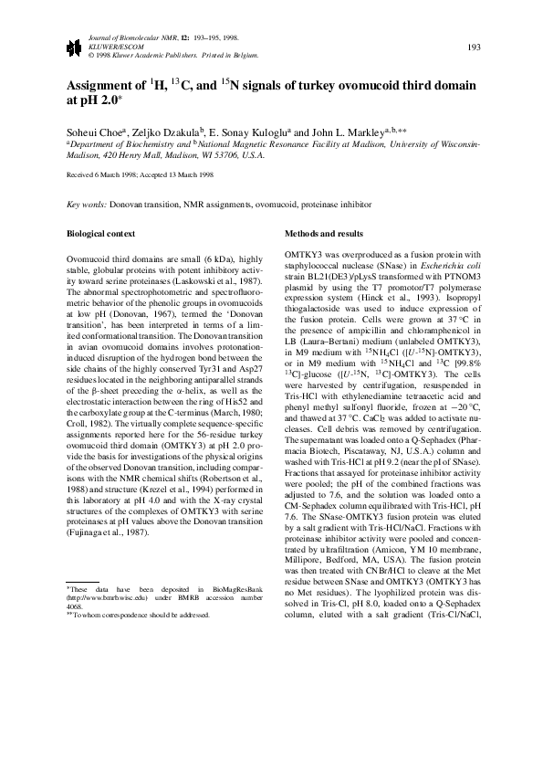 Assignment of 1H, 13C, and 15N signals of turkey ovomucoid third domain at pH 2.0