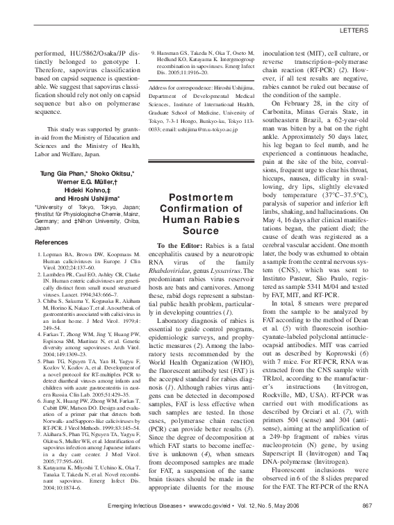 (PDF) Postmortem confirmation of human rabies source.(LETTERS)(Disease ...