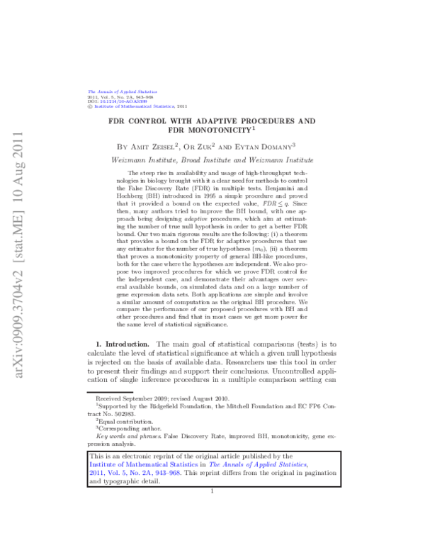Pdf Fdr Control With Adaptive Procedures And Fdr Monotonicity Or