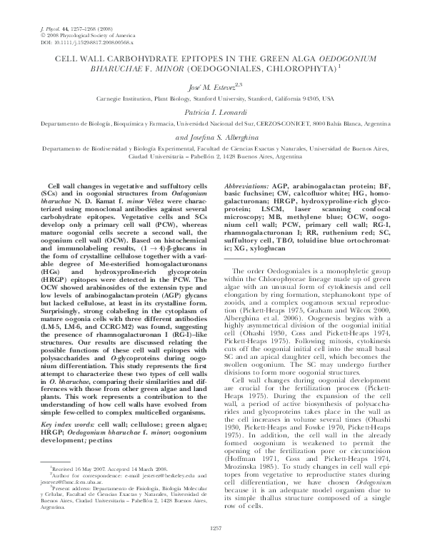 (PDF) CELL WALL CARBOHYDRATE EPITOPES IN THE GREEN ALGA OEDOGONIUM BHARUCHAE F. MINOR ...