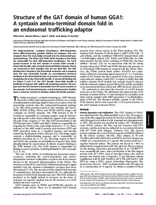 (PDF) Structure of the GAT domain of human GGA1: A syntaxin amino ...