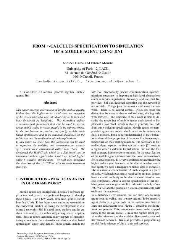(PDF) From …Calculus Specification to Simulation of a Mobile Agent Using Jini