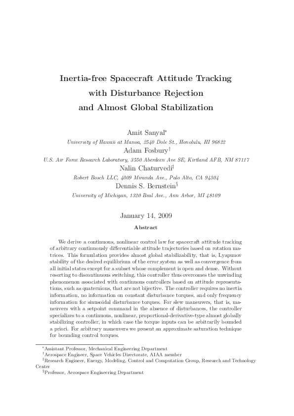 Pdf Inertia Free Spacecraft Attitude Tracking With Disturbance Rejection And Almost Global
