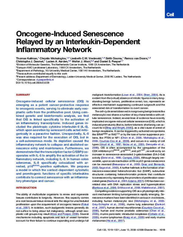(PDF) Oncogene-Induced Senescence Relayed by an Interleukin-Dependent Inflammatory Network