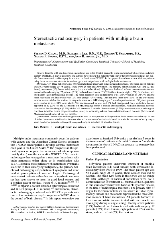 (PDF) Stereotactic radiosurgery in patients with multiple brain metastases
