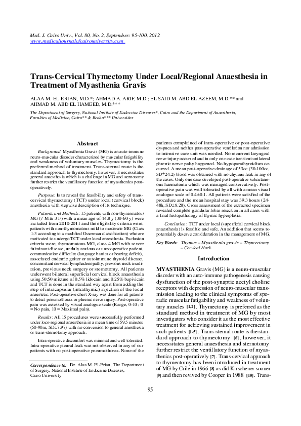 (PDF) Trans-Cervical Thymectomy Under Local/Regional Anaesthesia in Treatment of Myasthenia Gravis