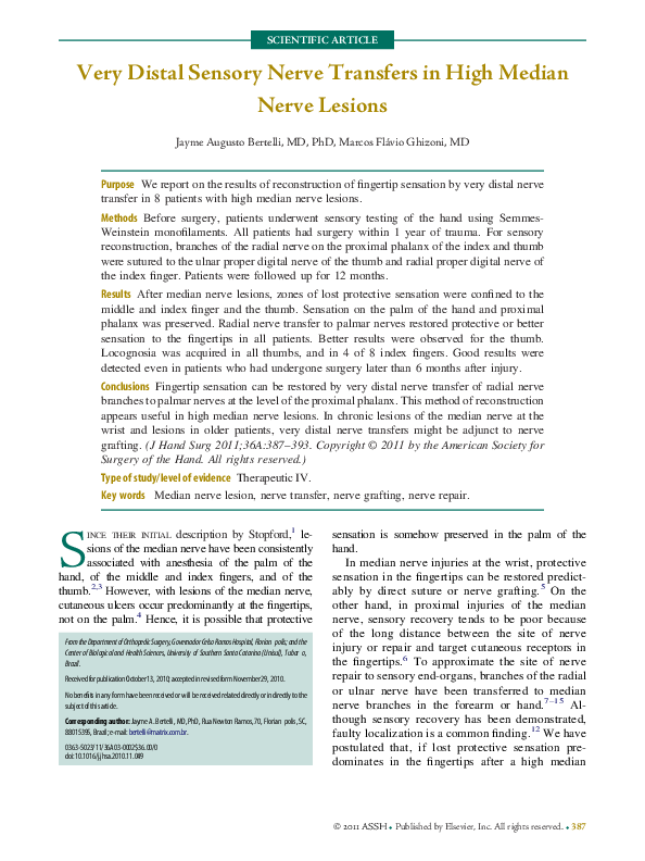 (PDF) Very Distal Sensory Nerve Transfers in High Median Nerve Lesions