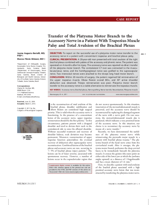 (PDF) Transfer of the Platysma Motor Branch to the Accessory Nerve in a ...