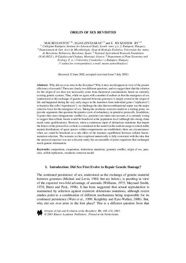 Pdf Origin Of Sex Revisited
