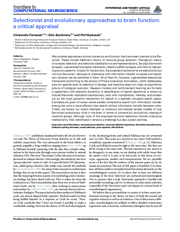 (PDF) Selectionist and Evolutionary Approaches to Brain Function: A ...