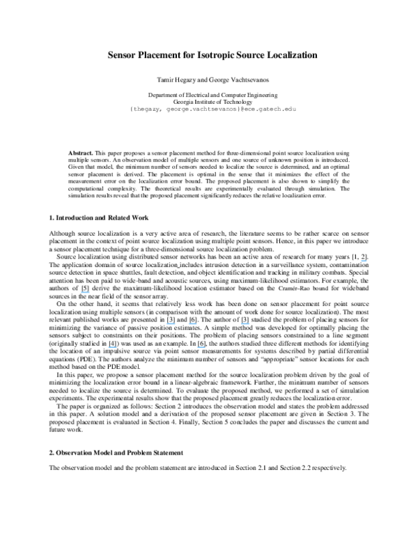 (PDF) Optimal Sensor Placement for 3D Source Localization