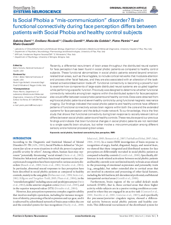 (PDF) Is Social Phobia a “Mis-Communication” Disorder? Brain Functional ...