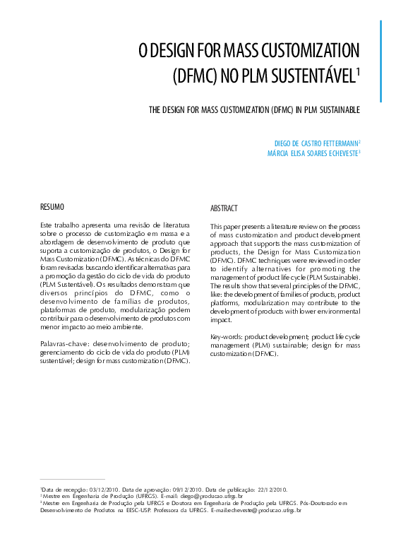 (PDF) O Design for Mass Customization (DFMC) No PLM Sustentável
