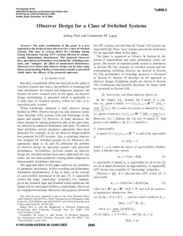 (PDF) Observer Design for a Class of Switched Systems