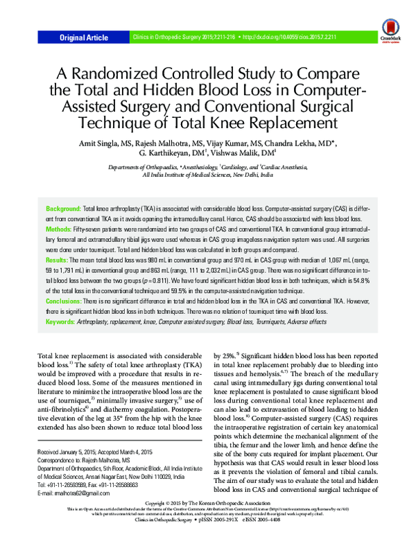 (PDF) A Randomized Controlled Study to Compare the Total and Hidden Blood Loss in Computer ...