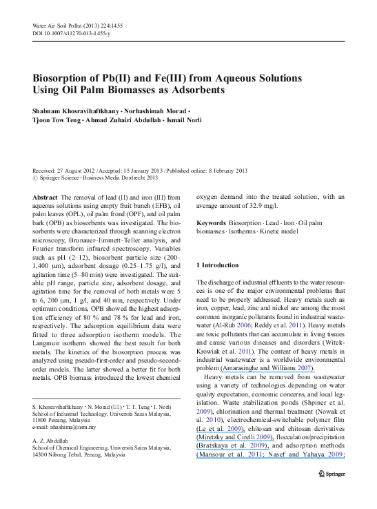 (PDF) Biosorption of Pb(II) and Fe(III) from Aqueous Solutions Using Oil Palm Biomasses as ...