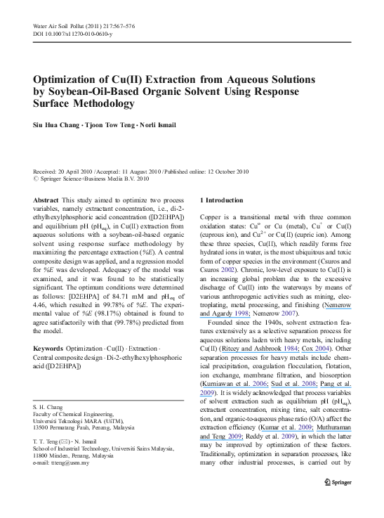 Pdf Optimization Of Cu Ii Extraction From Aqueous Solutions By