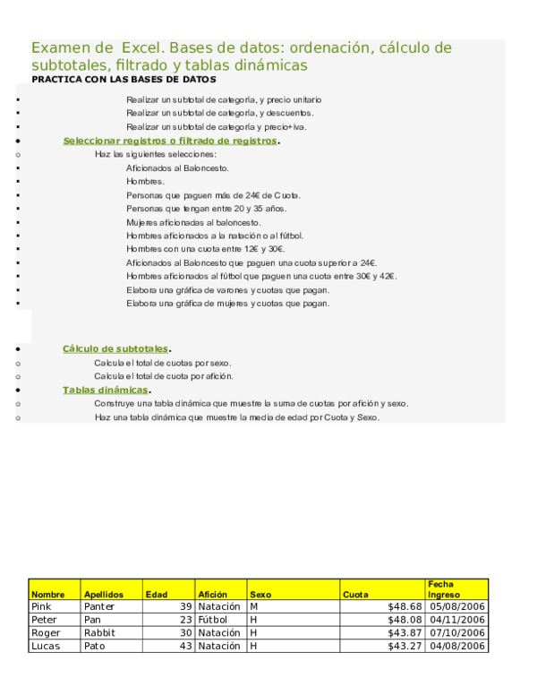 (DOC) Ejercicios base de datos