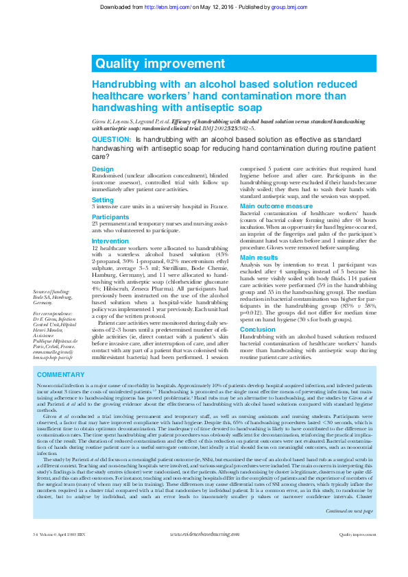 Handrubbing with an alcohol based solution reduced healthcare workers ...