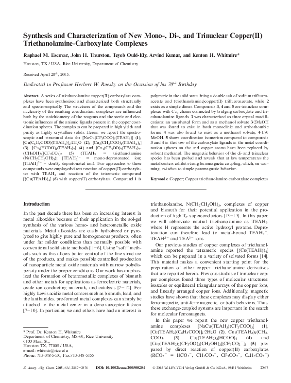 (PDF) Synthesis and Characterization of New Mono-, Di-, and Trinuclear Copper(II ...