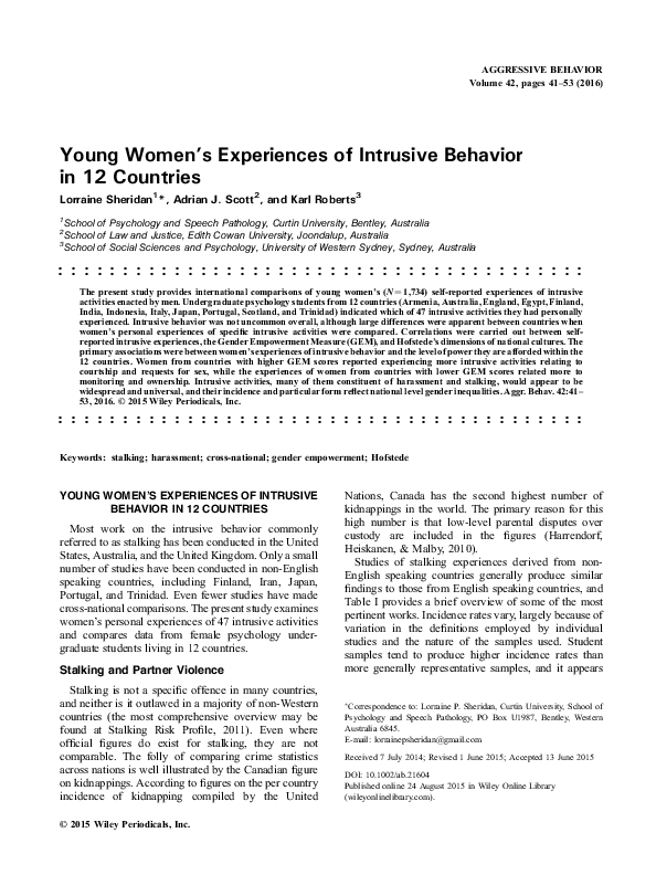 (PDF) Young women's experiences of intrusive behavior in 12 countries ...